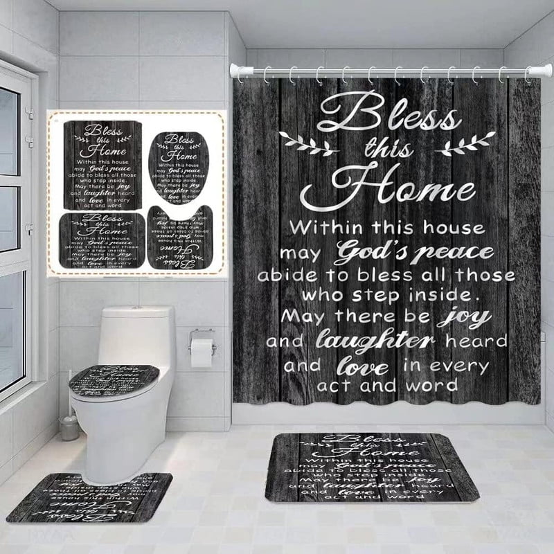 PISONIC 4Pcs Black Bible Verse Shower Curtain Set, Bath Curtain with ...