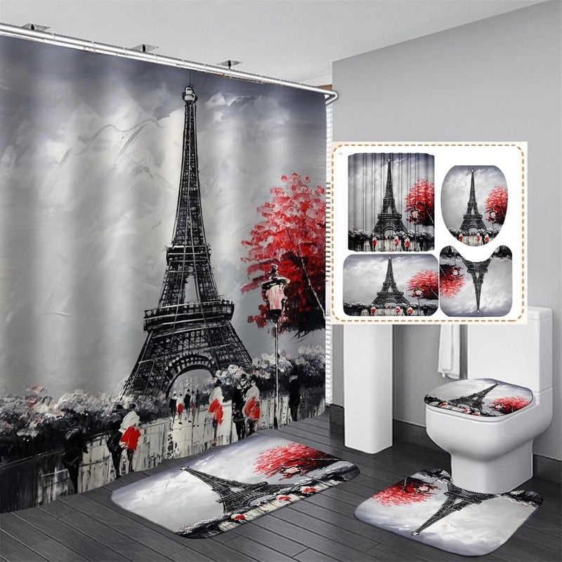 PISONIC 4Pcs Paris Eiffel Tower Oil Painting Shower Curtain Set, Bath ...