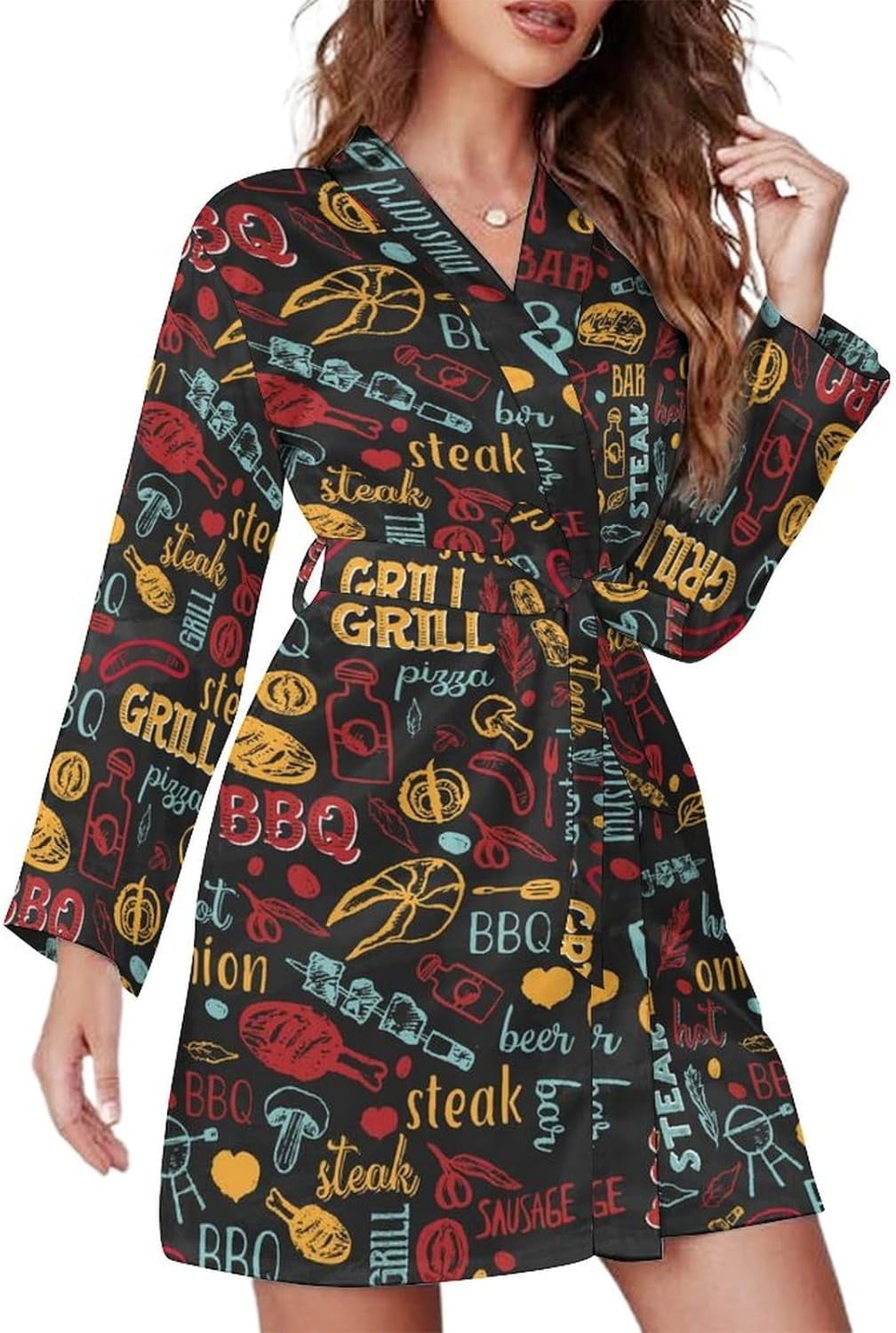 PISONIC BBQ Barbecue Grill Print Women's Short Robes Long Sleeve Belted ...