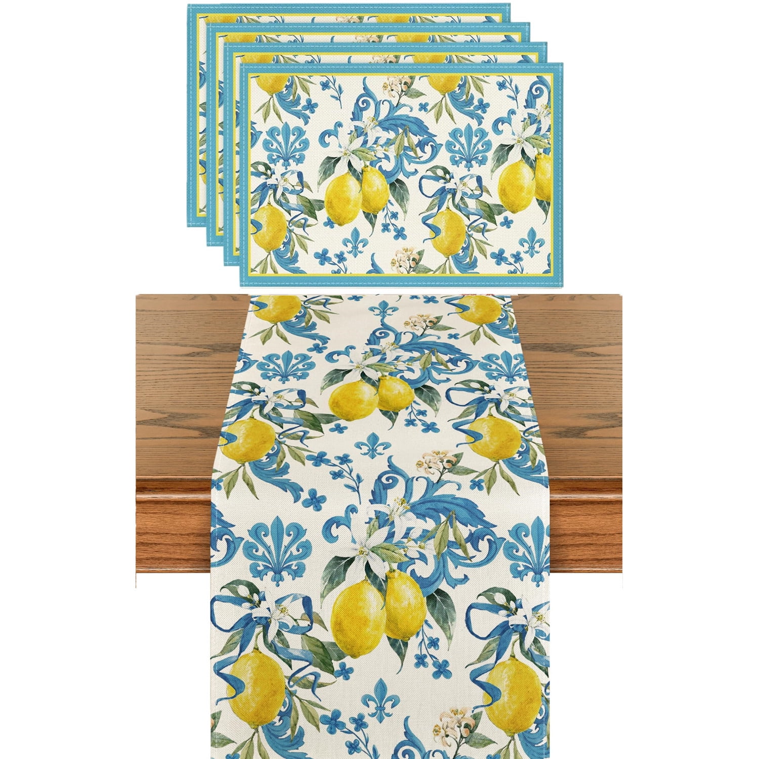 PISONIC Blue Lemon Spring Summer Table Runner and Placemats 13x72inch ...