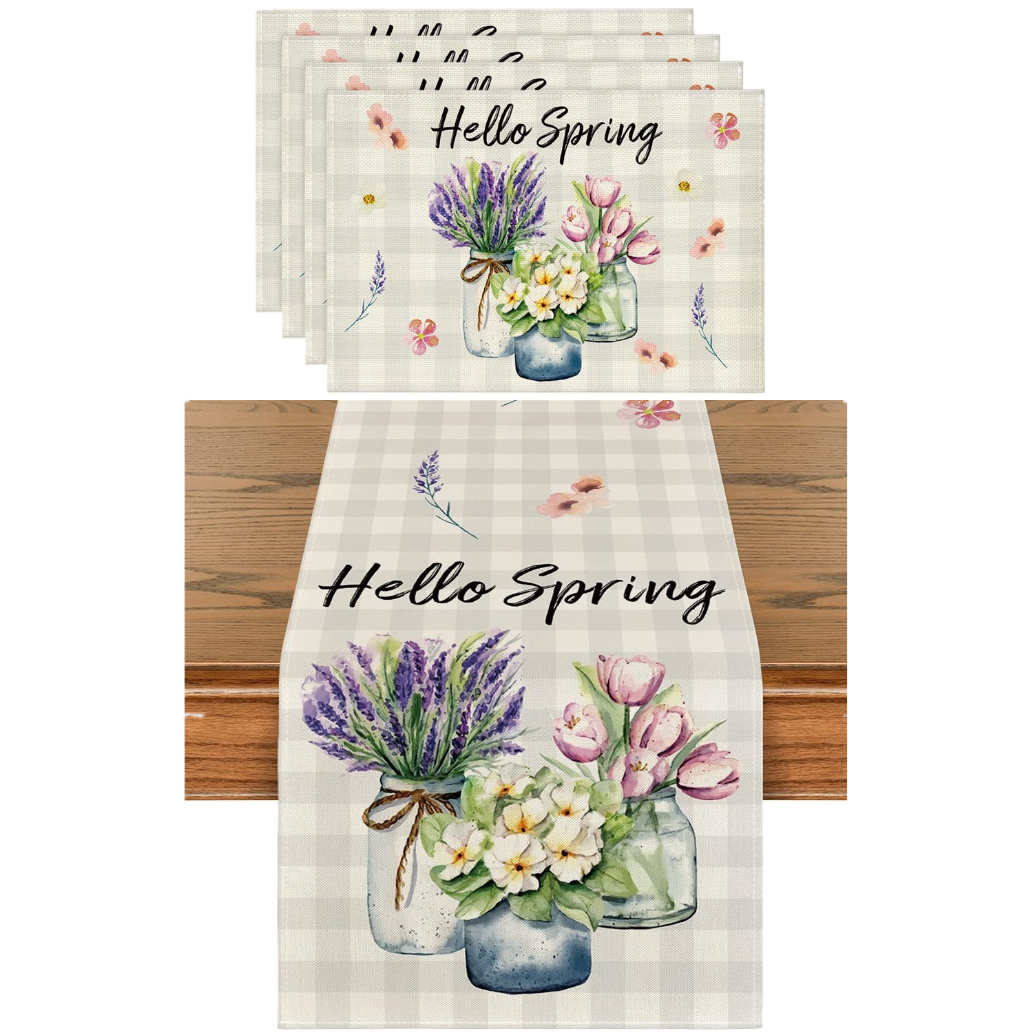 PISONIC Buffalo Plaid Lavender Spring Summer Table Runner and Placemats ...
