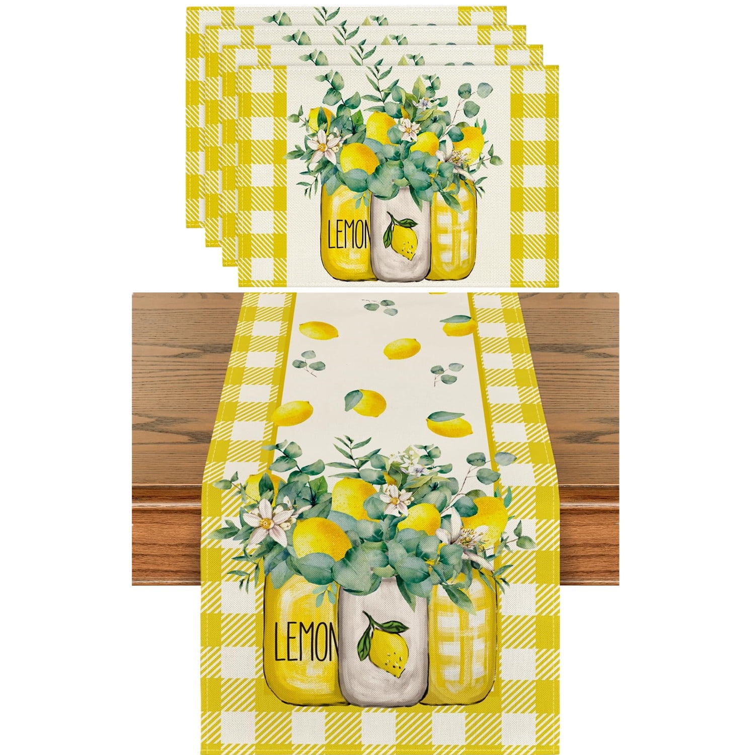 PISONIC Buffalo Plaid Vase Lemon Spring Summer Table Runner and ...