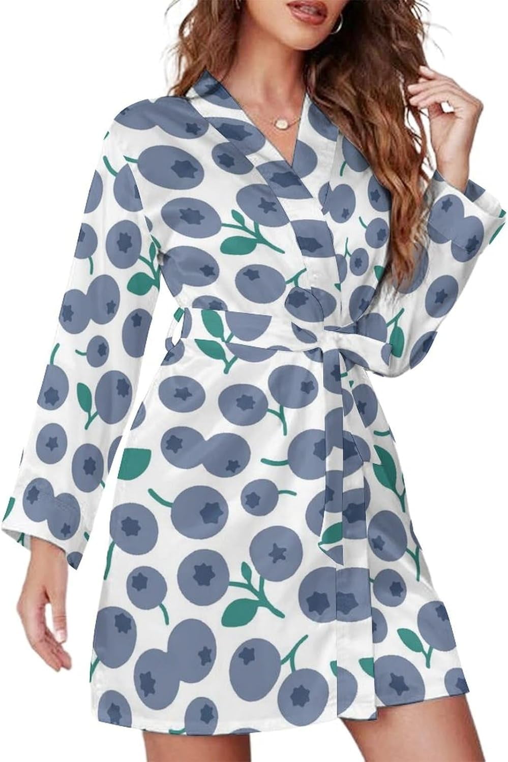 PISONIC Cute Blueberry Print Women's Short Robes Long Sleeve Belted ...