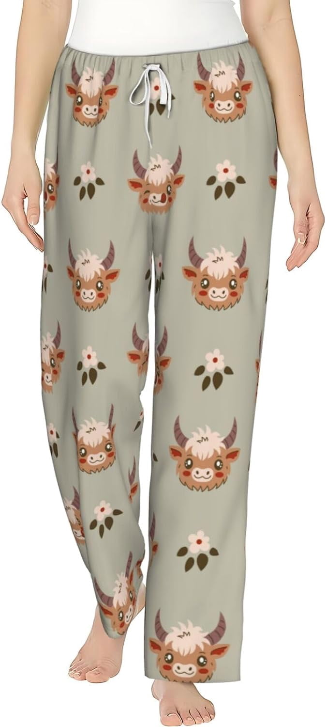 PISONIC Highland Cow and Flowers Printed Women's Pajama Pants, Comfy ...