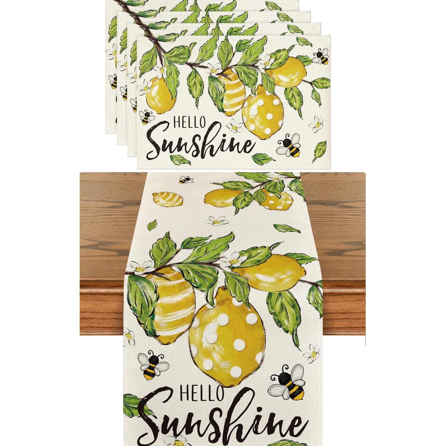 PISONIC Lemon Bee Leaves Hello Sunshine Spring Summer Table Runner and Placemats 13x72inch ...