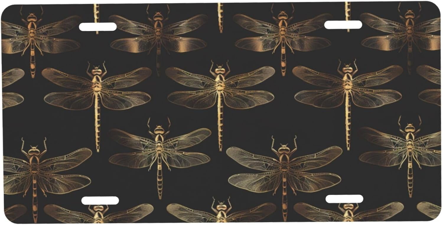 PISONIC License Plate, Black Gold Dragonfly Decorative Car Front ...