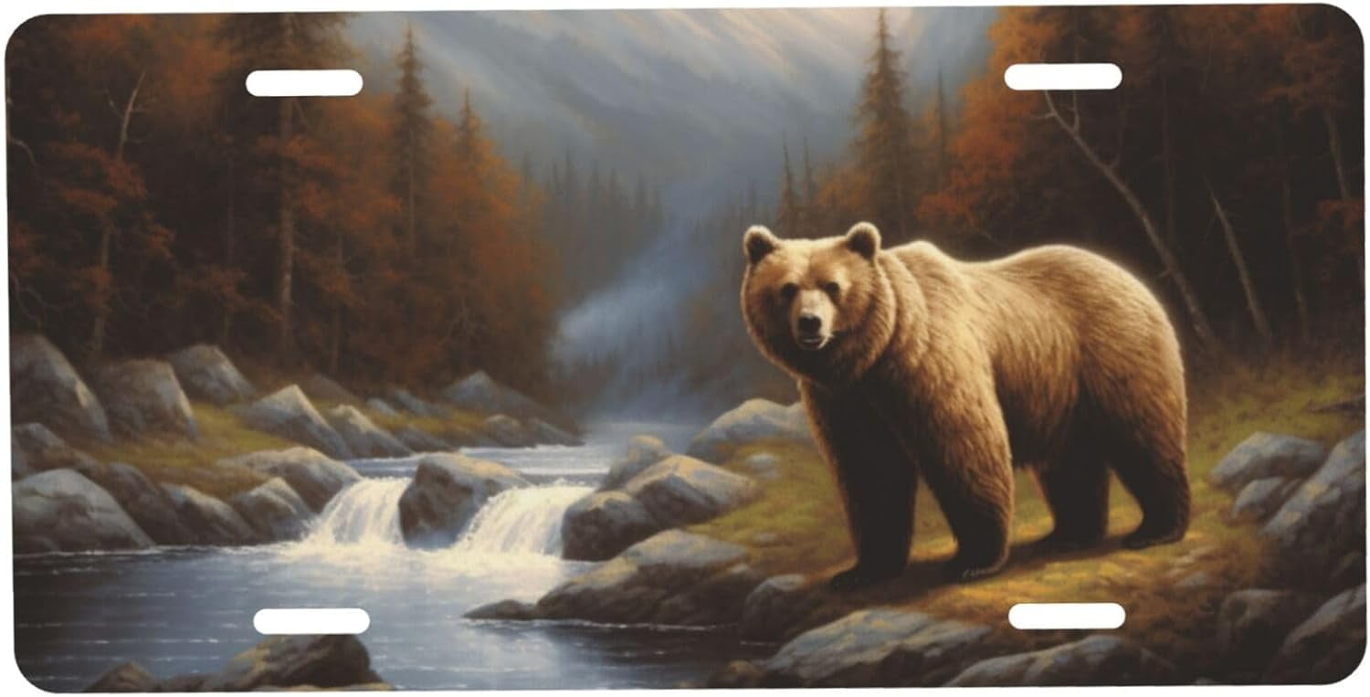 PISONIC License Plate, Painting Bear Brown Mountain Decorative Car ...