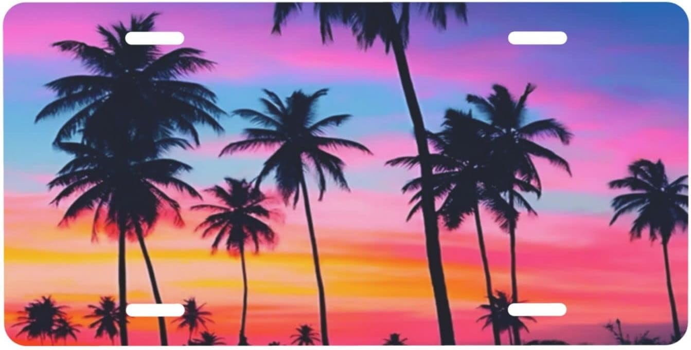 PISONIC License Plate, Sunset Palm Tree Decorative Car Front License ...