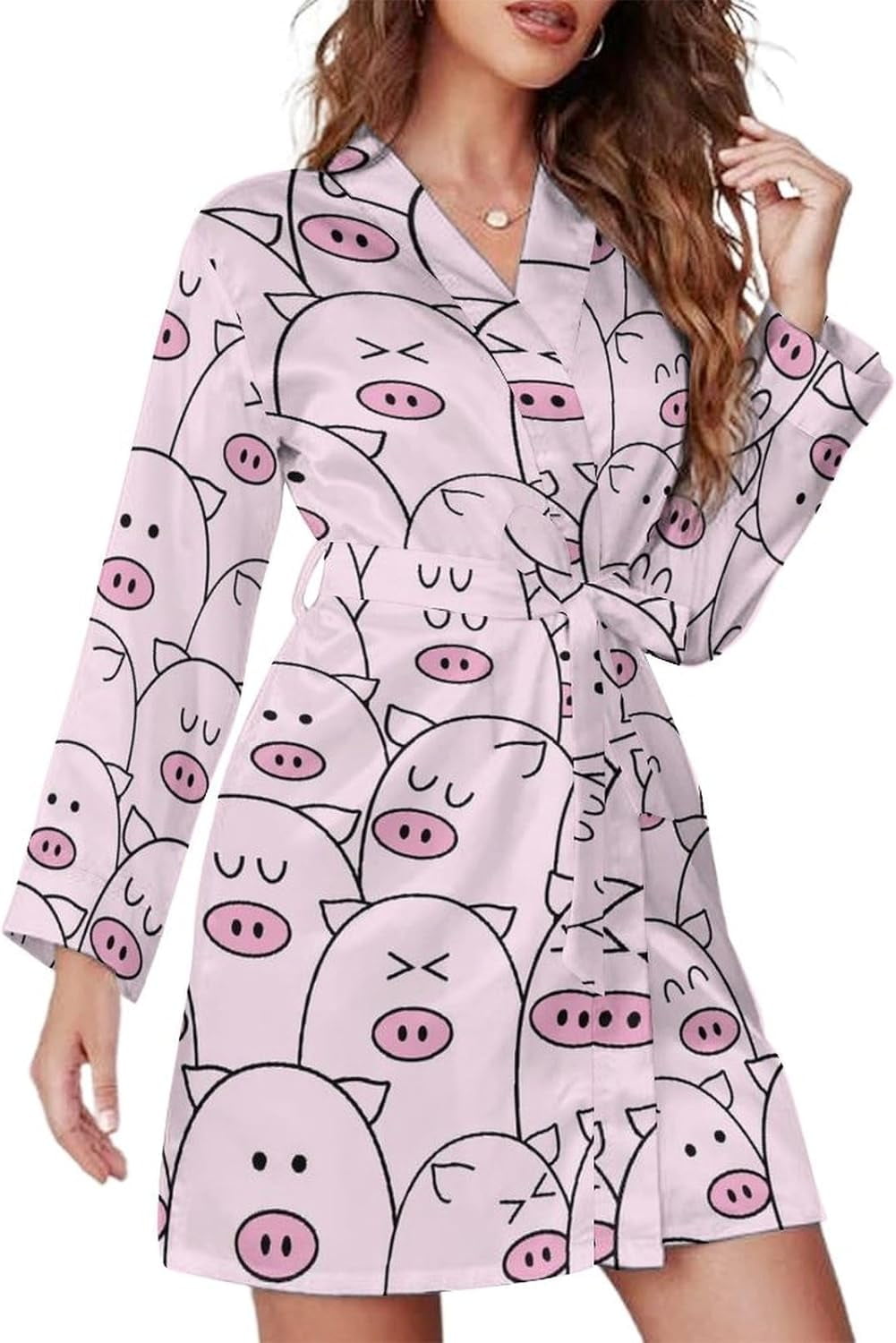 PISONIC Pink Cute Pigs Print Women's Short Robes Long Sleeve Belted ...