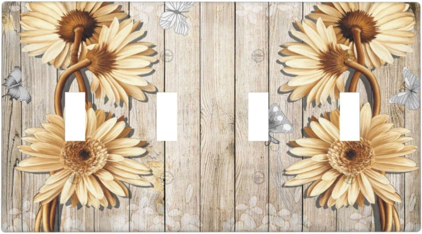 PISONIC Rustic Yellow Daisy Flower Print Decorative Wall Plate, 4 Gang ...