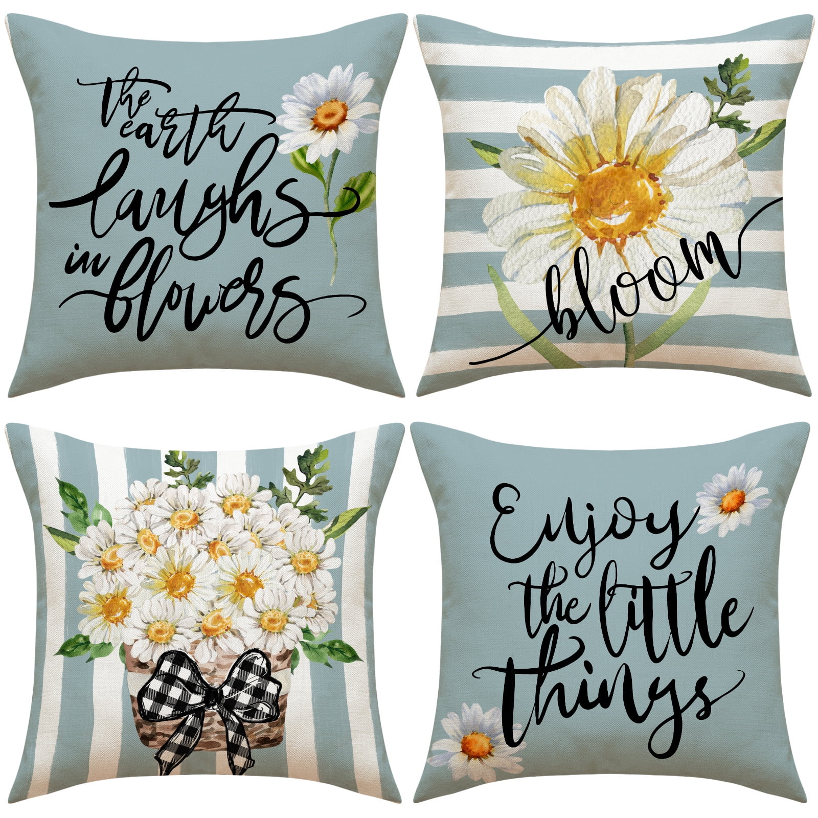 PISONIC Spring Summer Daisy Flower Throw Pillow Covers 18x18 Inch Set of 4, Sunshine Floral ...