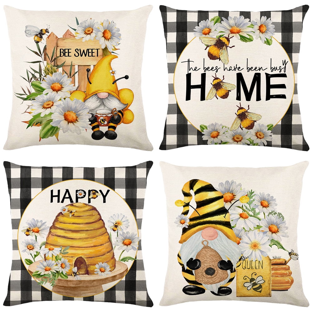 PISONIC Summer Bumble Bee Happy Bee Kind Throw Pillow Covers 18x18 Inch ...