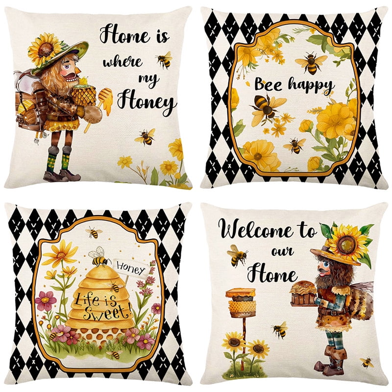 PISONIC Summer Bumble Bee Happy Bee Kind Throw Pillow Covers 18x18 Inch ...