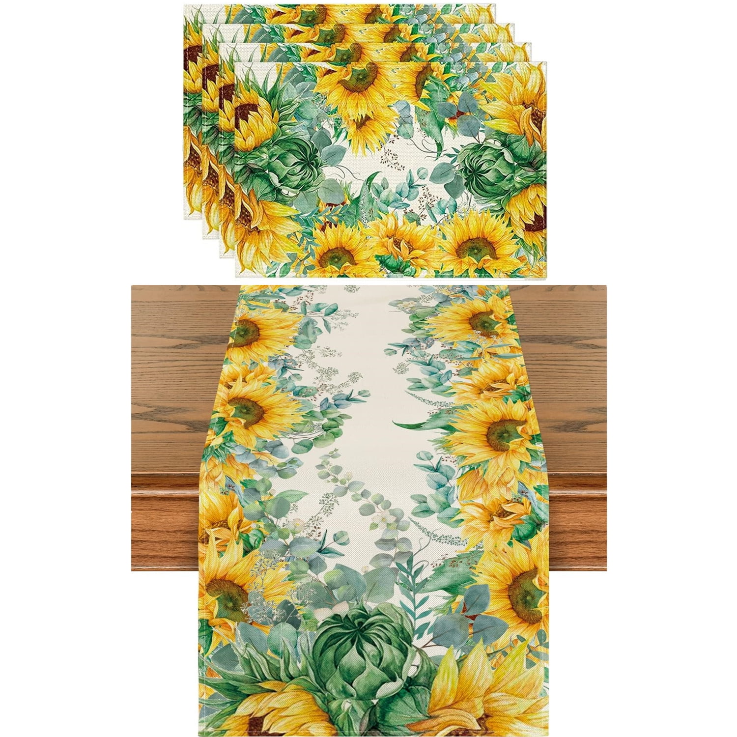 PISONIC Sunflower Eucalyptus Spring Summer Table Runner and Placemats ...