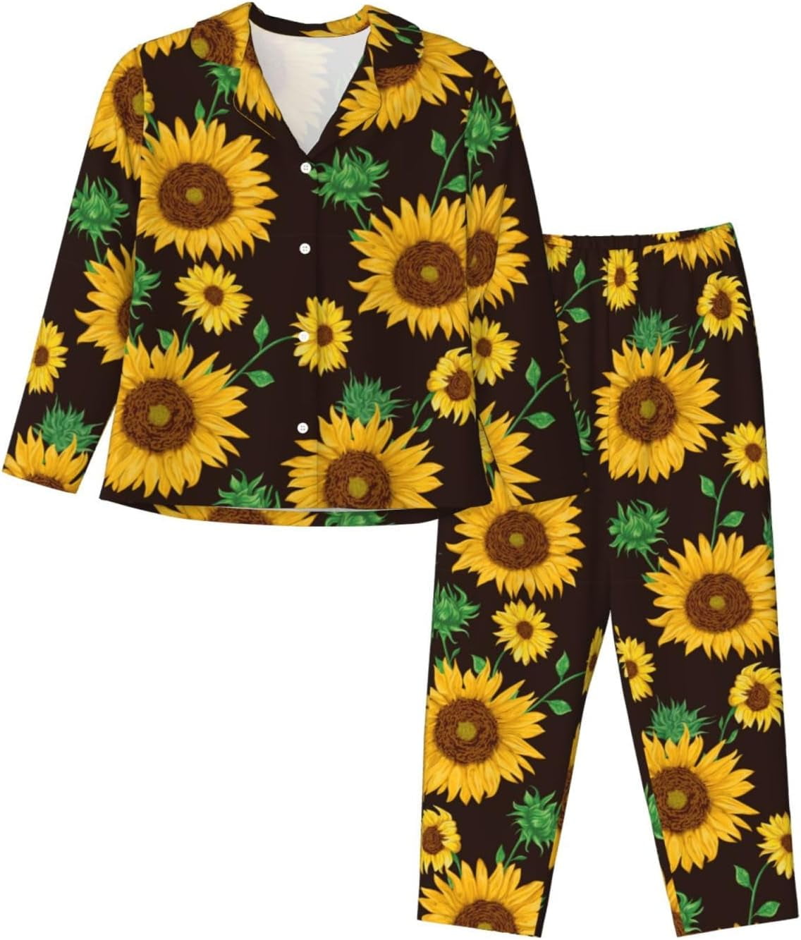PISONIC Sunflower Printed Womens Pajama Sets, Soft Long Sleeve Button ...
