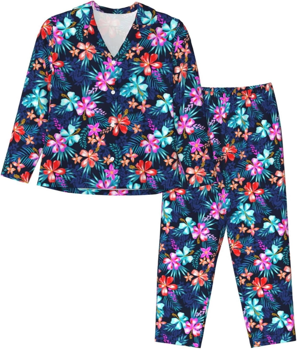 PISONIC Tropical Flower Printed Womens Pajama Sets, Soft Long Sleeve ...