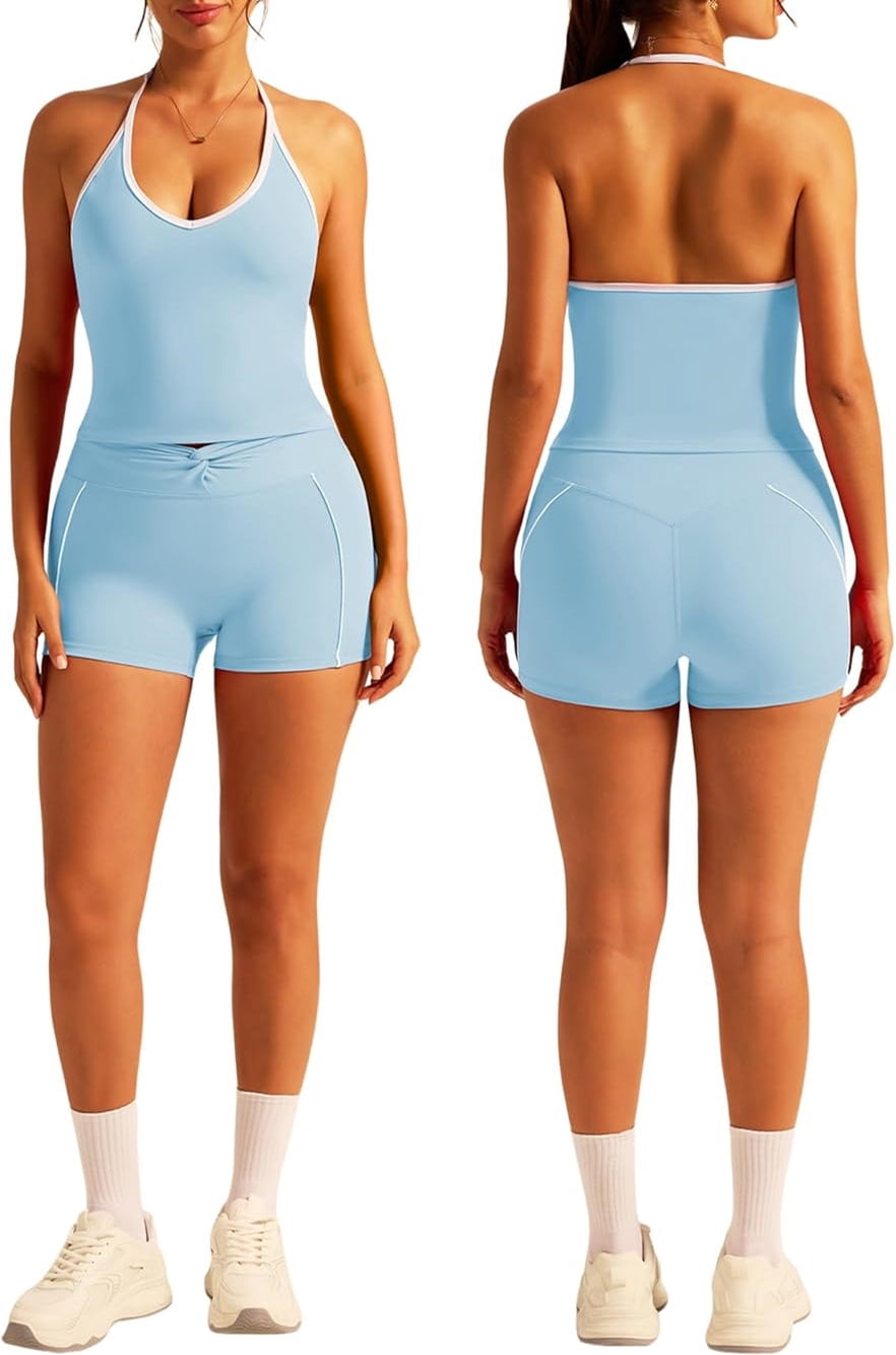 PISONIC Women 2 Piece Workout Sets Color Block Halter Tank Top High ...