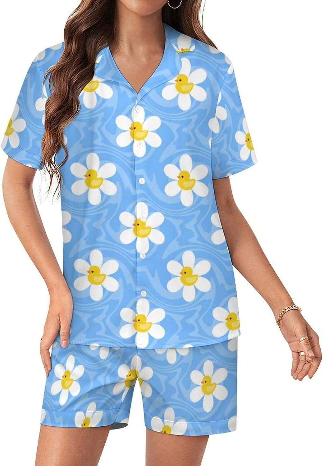 PISONIC Women Satin Pajamas Sets,Blue Flowers Rubber Duck Silk Soft ...