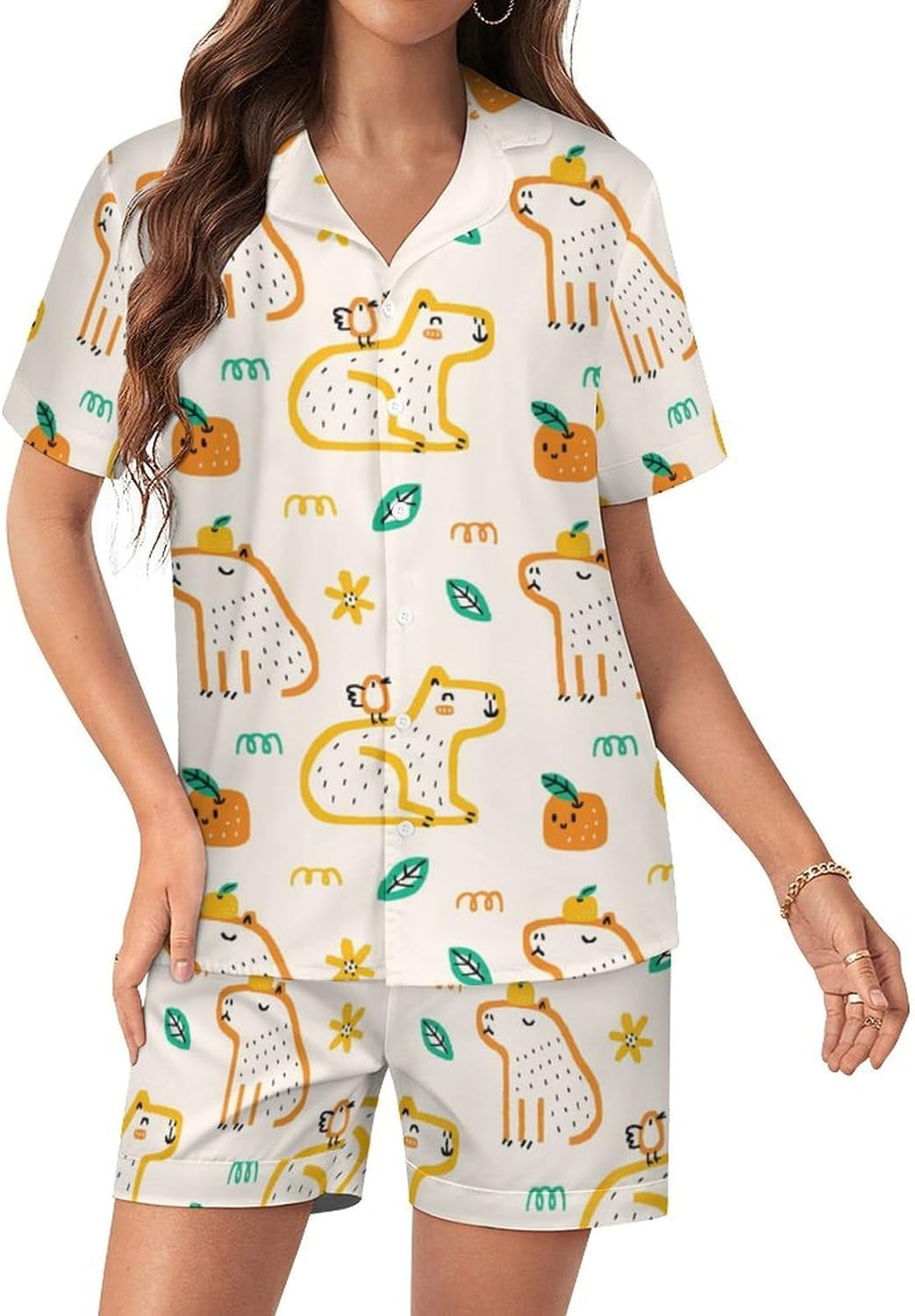 PISONIC Women Satin Pajamas Sets, Cute Capybara Silk Soft Short Sleeve ...