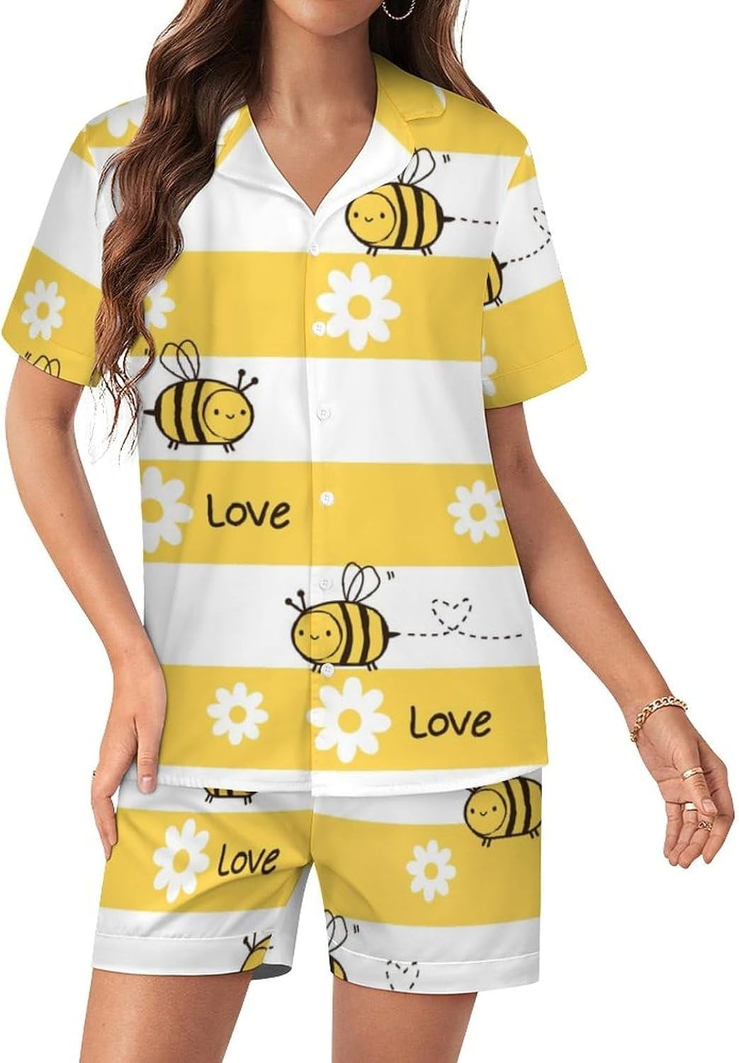 PISONIC Women Satin Pajamas Sets, Cute Cartoon Bee Daisy Flower Silk ...