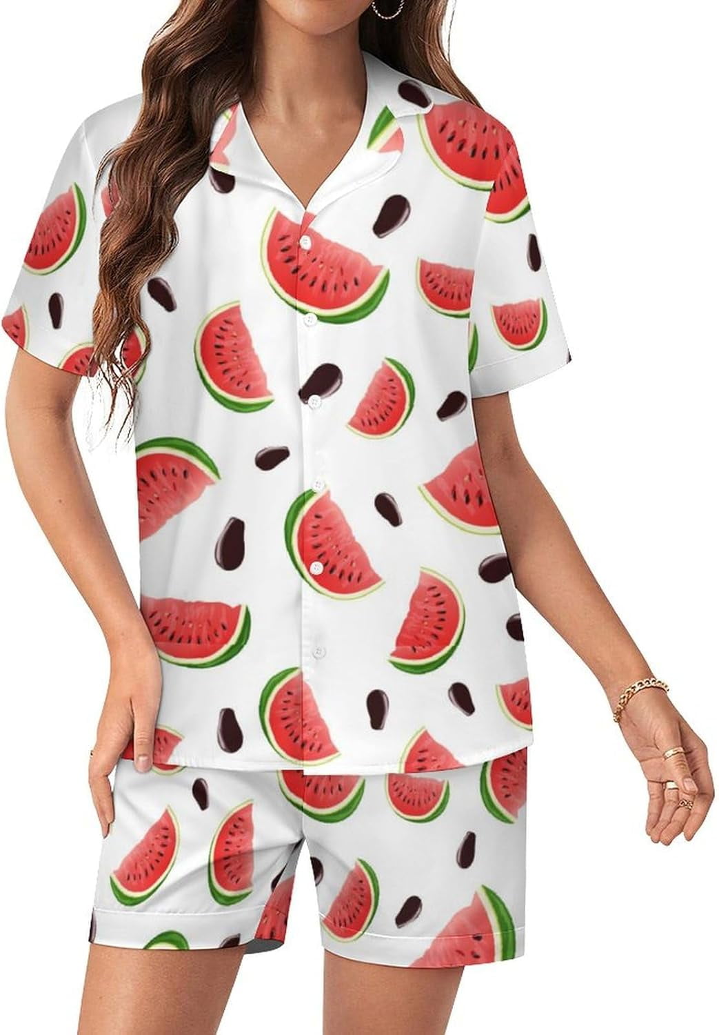 PISONIC Women Satin Pajamas Sets, Pink Watermelon Silk Soft Short ...