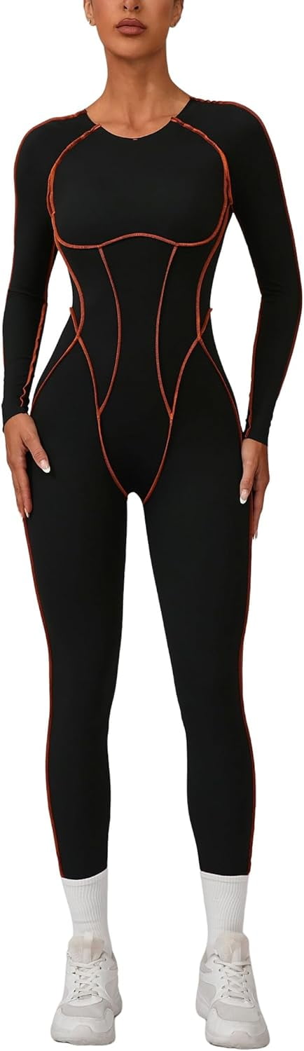 PISONIC Womens Long Sleeve Workout Jumpsuit Contouring Seams Backless ...
