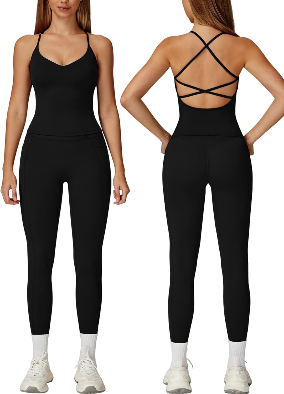 PISONIC Womens Workout Sets Two Piece Cross Back Tank Top Matching High ...