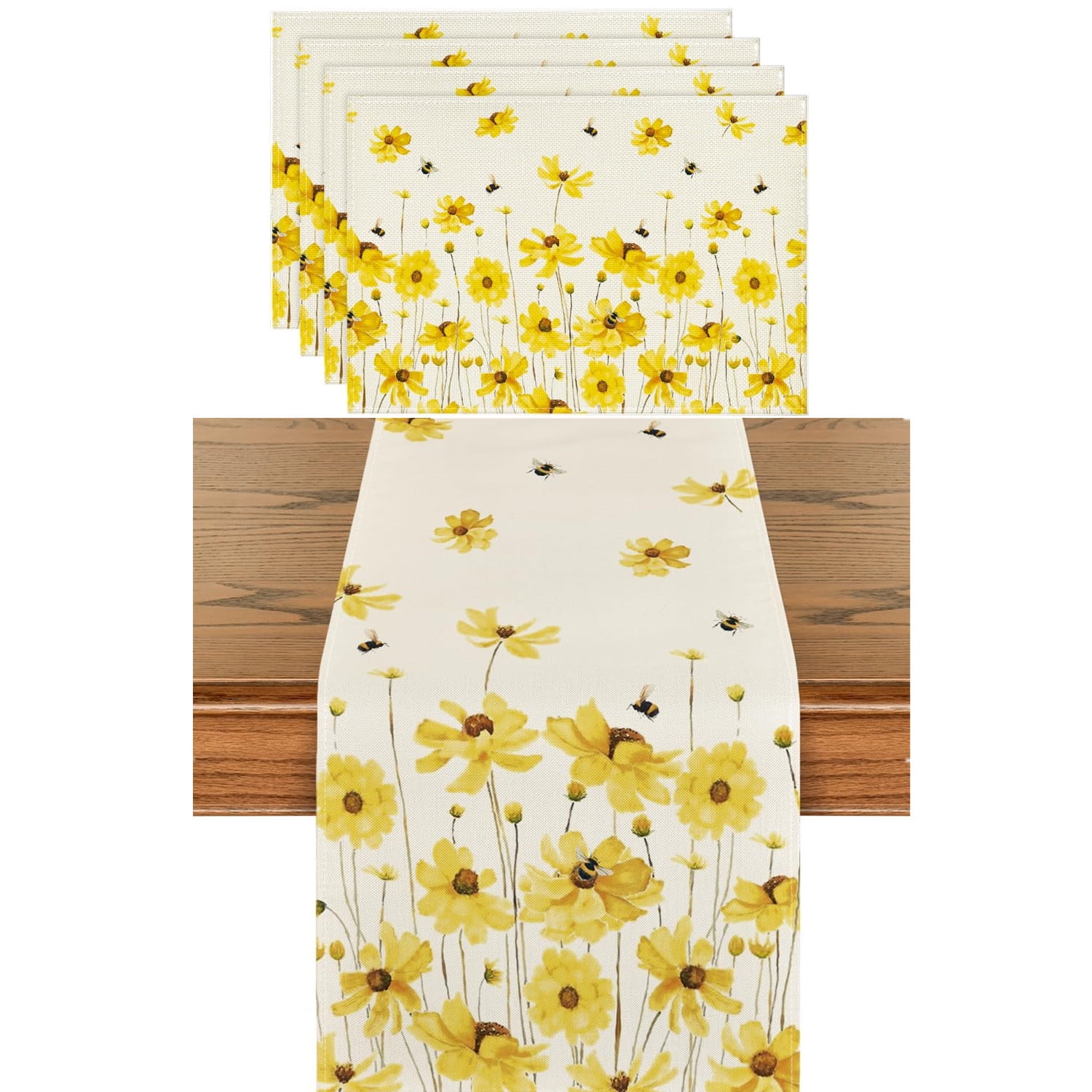 PISONIC Yellow Daisy Bees Spring Summer Table Runner and Placemats ...