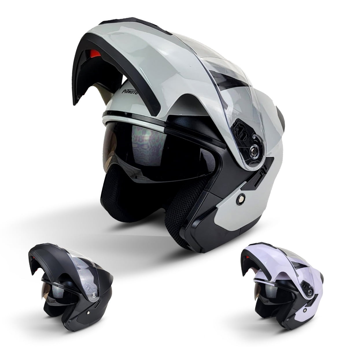 PITMOTO PM-516 Dual Visor Modular Flip-Up Motorcycle Helmet-Gray-X ...
