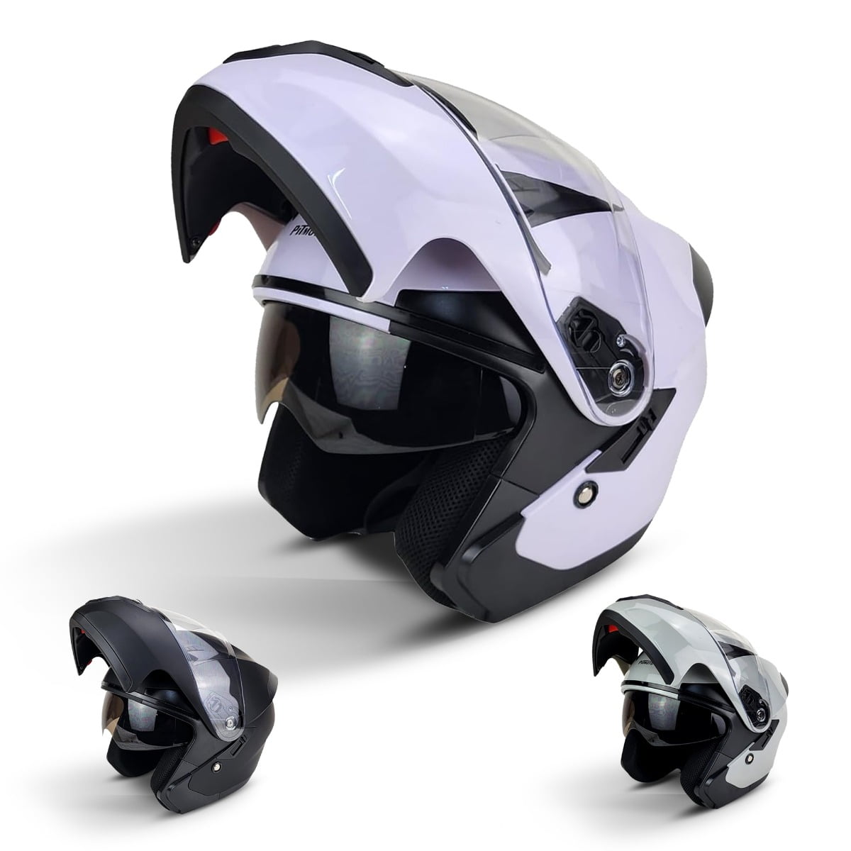 PITMOTO PM-516 Dual Visor Modular Flip-Up Motorcycle Helmet-White-X ...