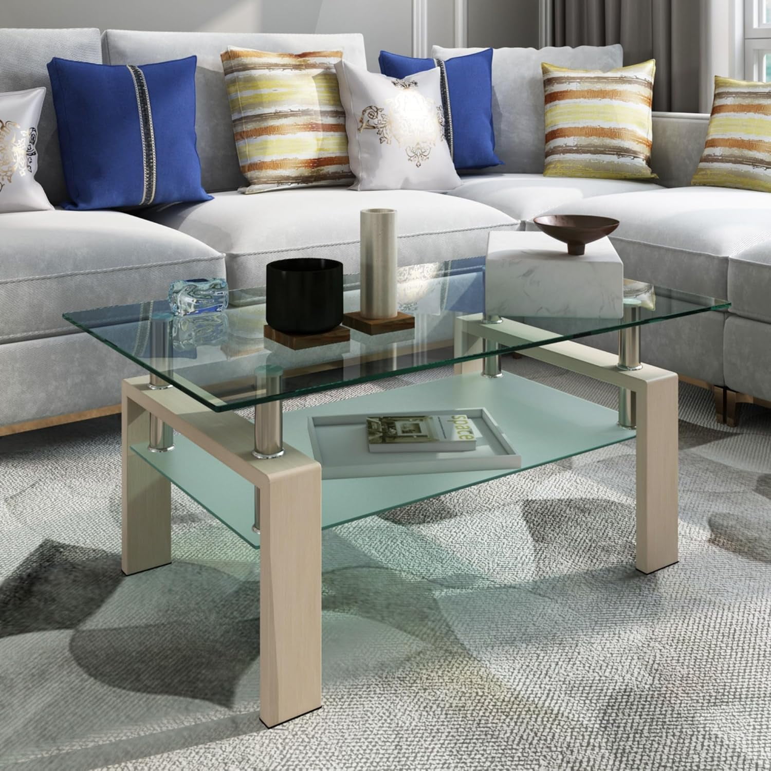 PIUS Rectangle Glass Coffee Table, Clear Coffee Table Modern Side ...