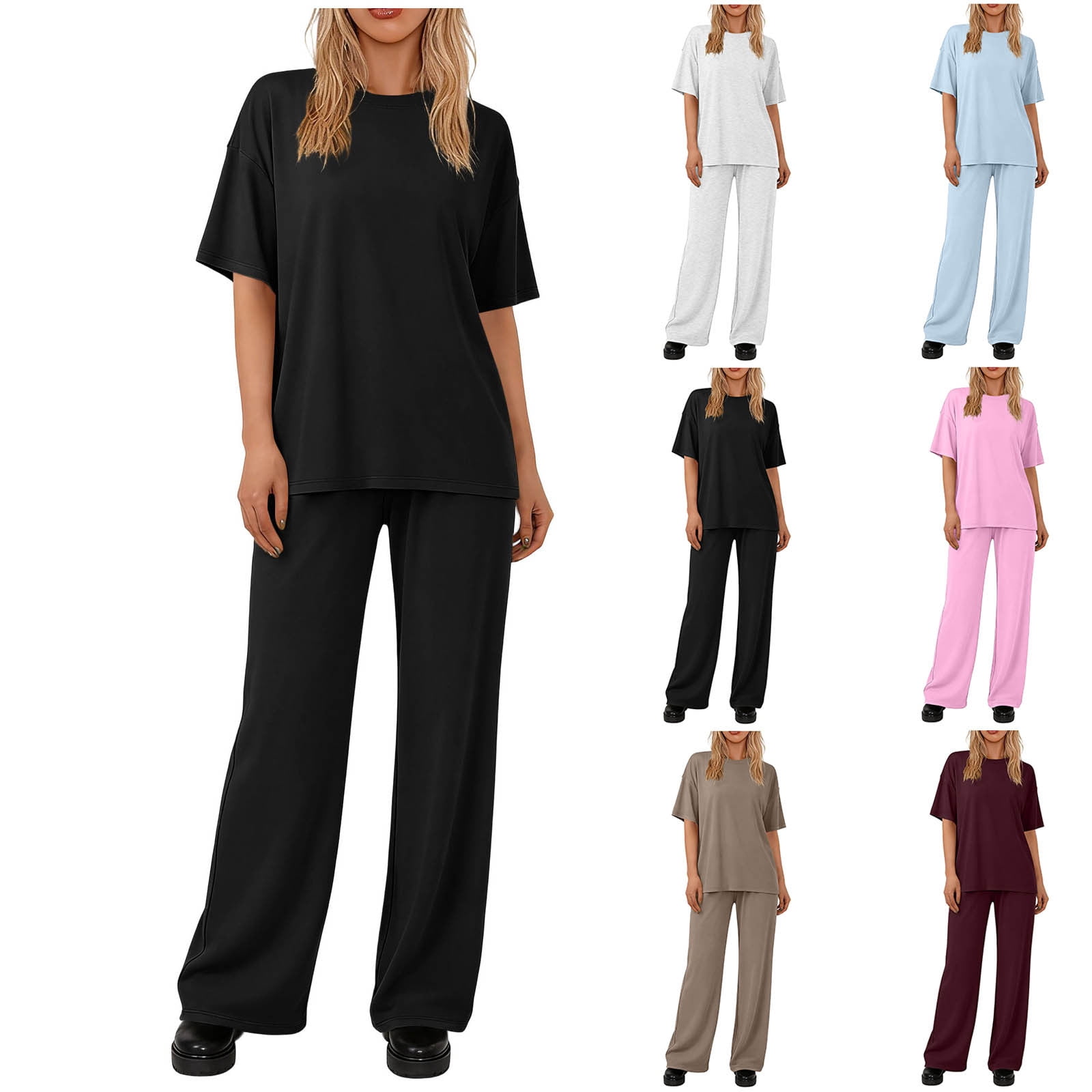 PIWHJQK Women 2 Piece Set Short Sleeve Pant Set Women Solid Pullover ...
