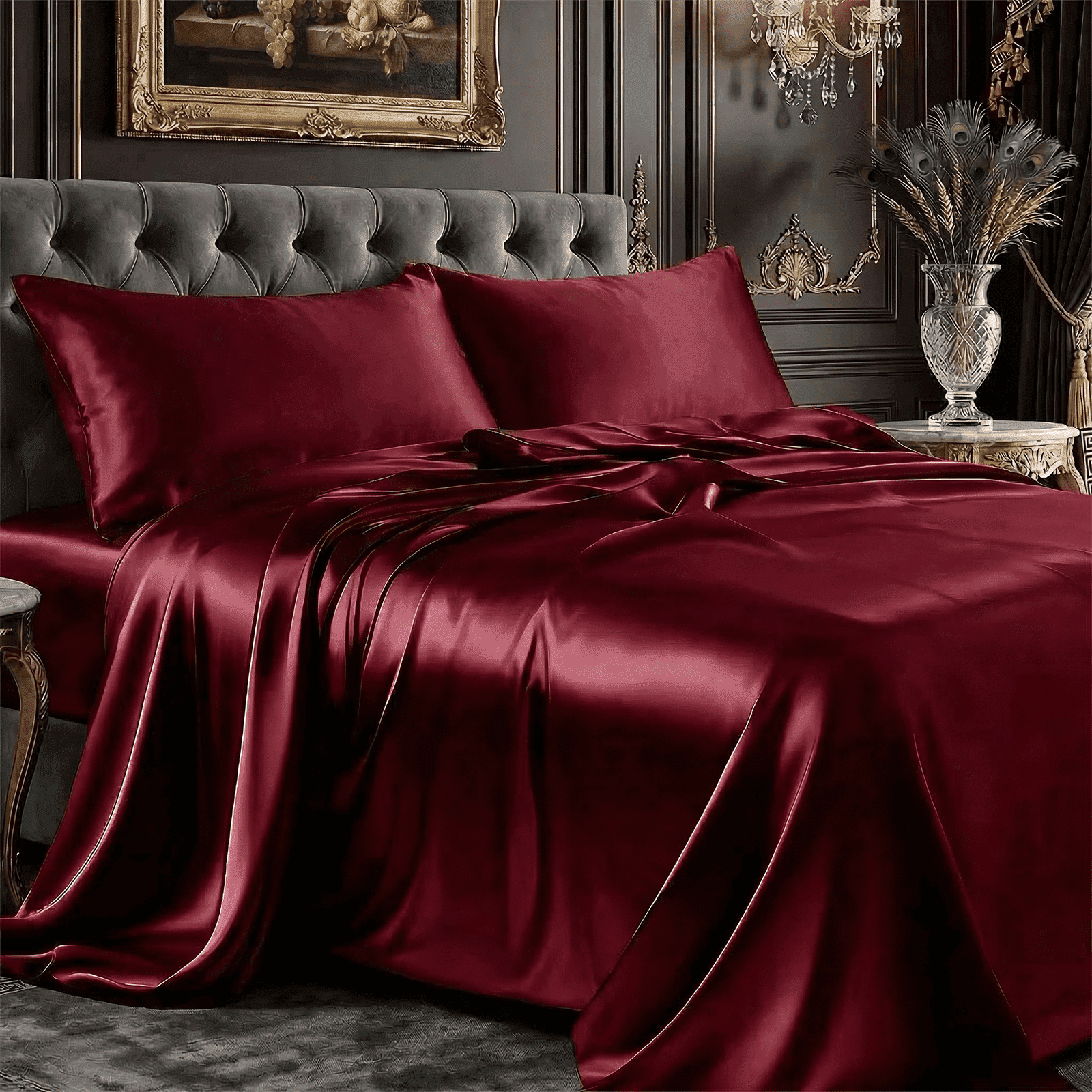 PixelForge Queen Satin Sheet Set, 4 Pieces, Burgundy, Silky Satin Bed ...