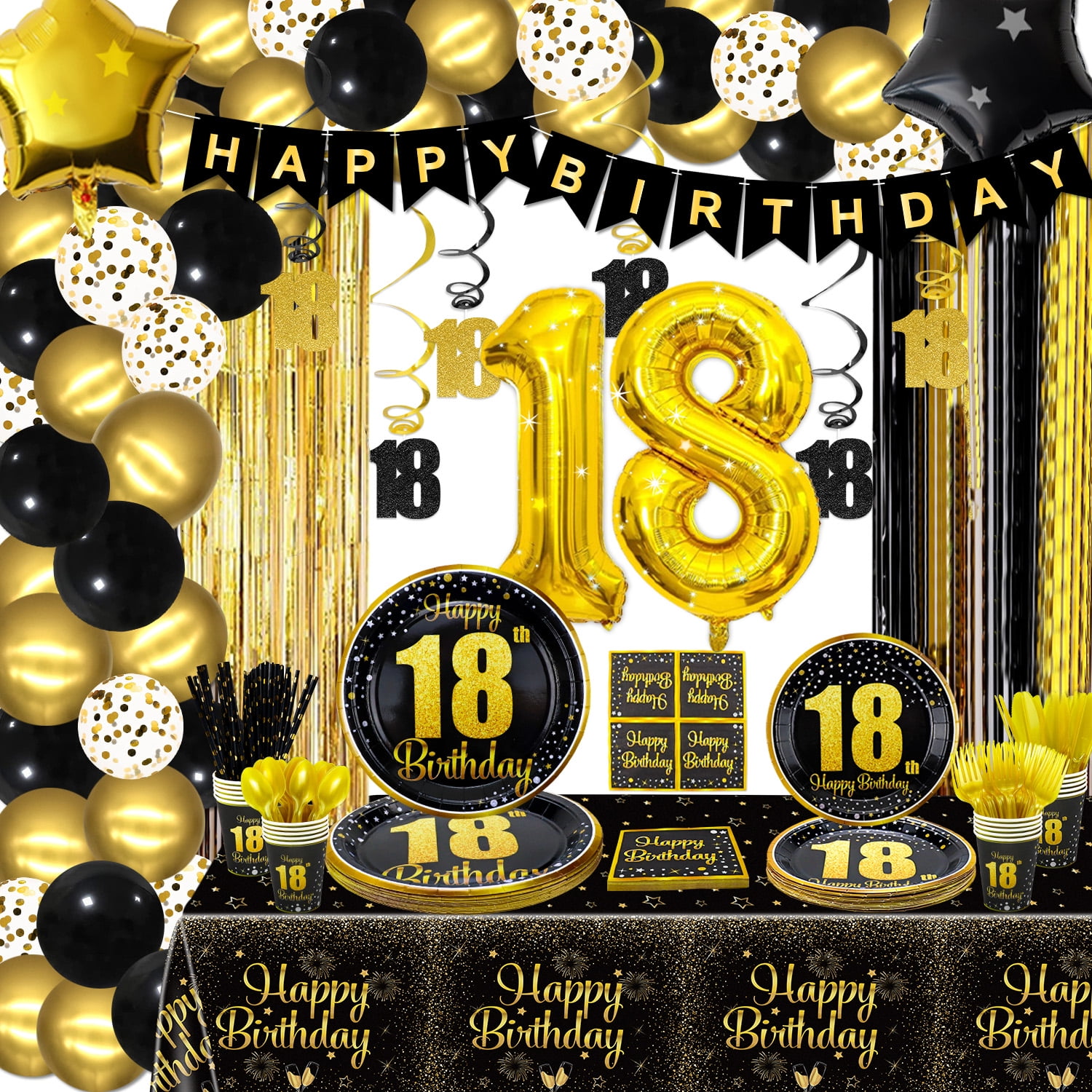 PIXHOTUL 18th Birthday Party Decorations - 250 Pcs Black & Gold ...