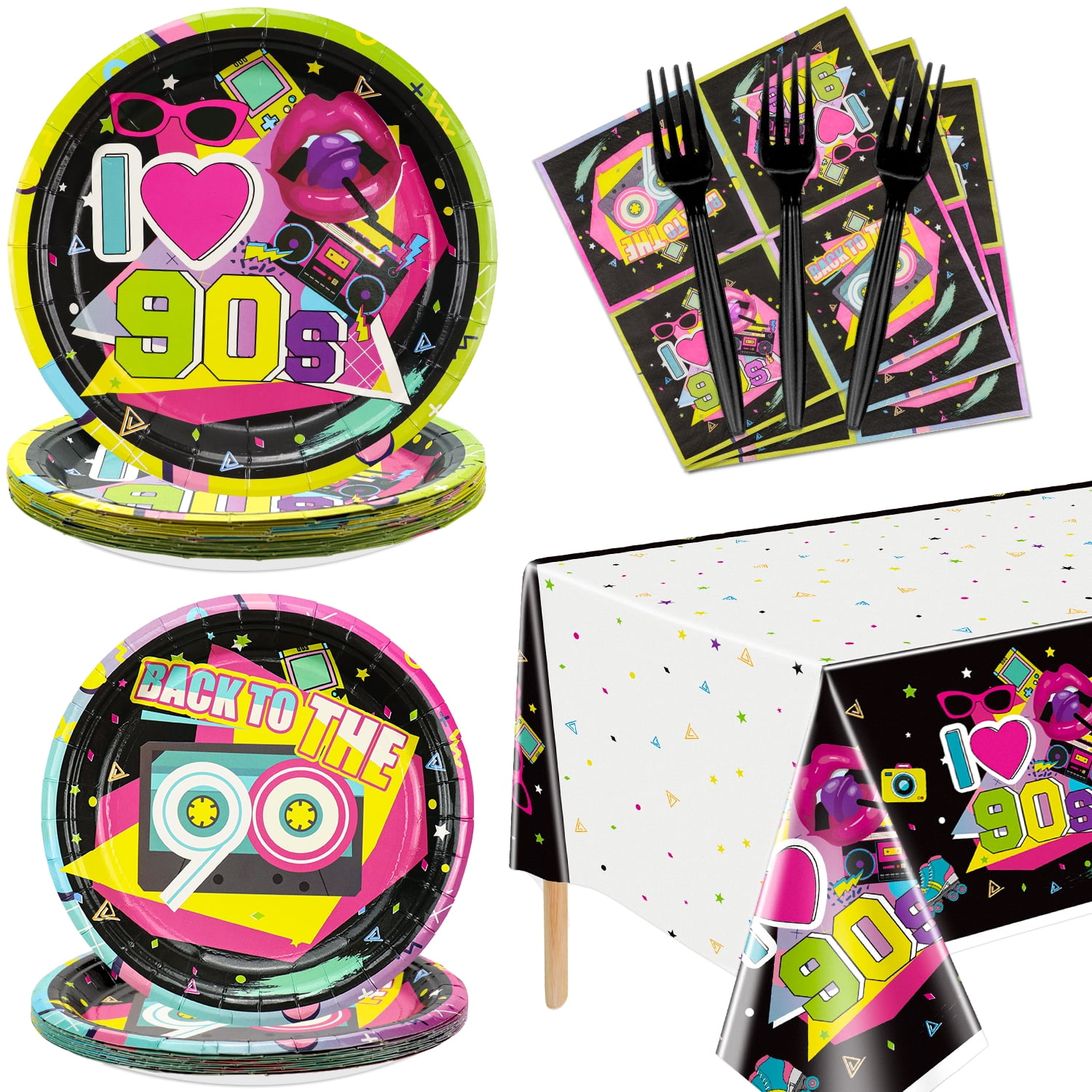 PIXHOTUL 90s Party Supplies Serve 20 - 81Pcs Plates Napkins Tablecloth ...