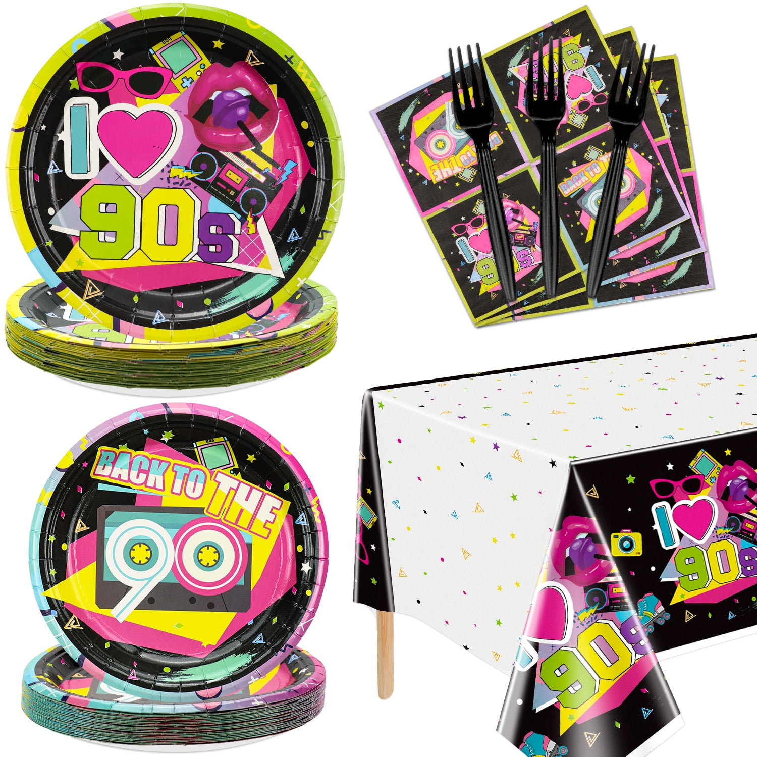 PIXHOTUL 90s Party Supplies, 162Pcs Plates Napkins Tablecloth Forks Set ...