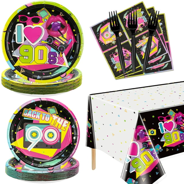 PIXHOTUL 90s Party Supplies Serve 40 - 162Pcs Plates Napkins Tablecloth ...