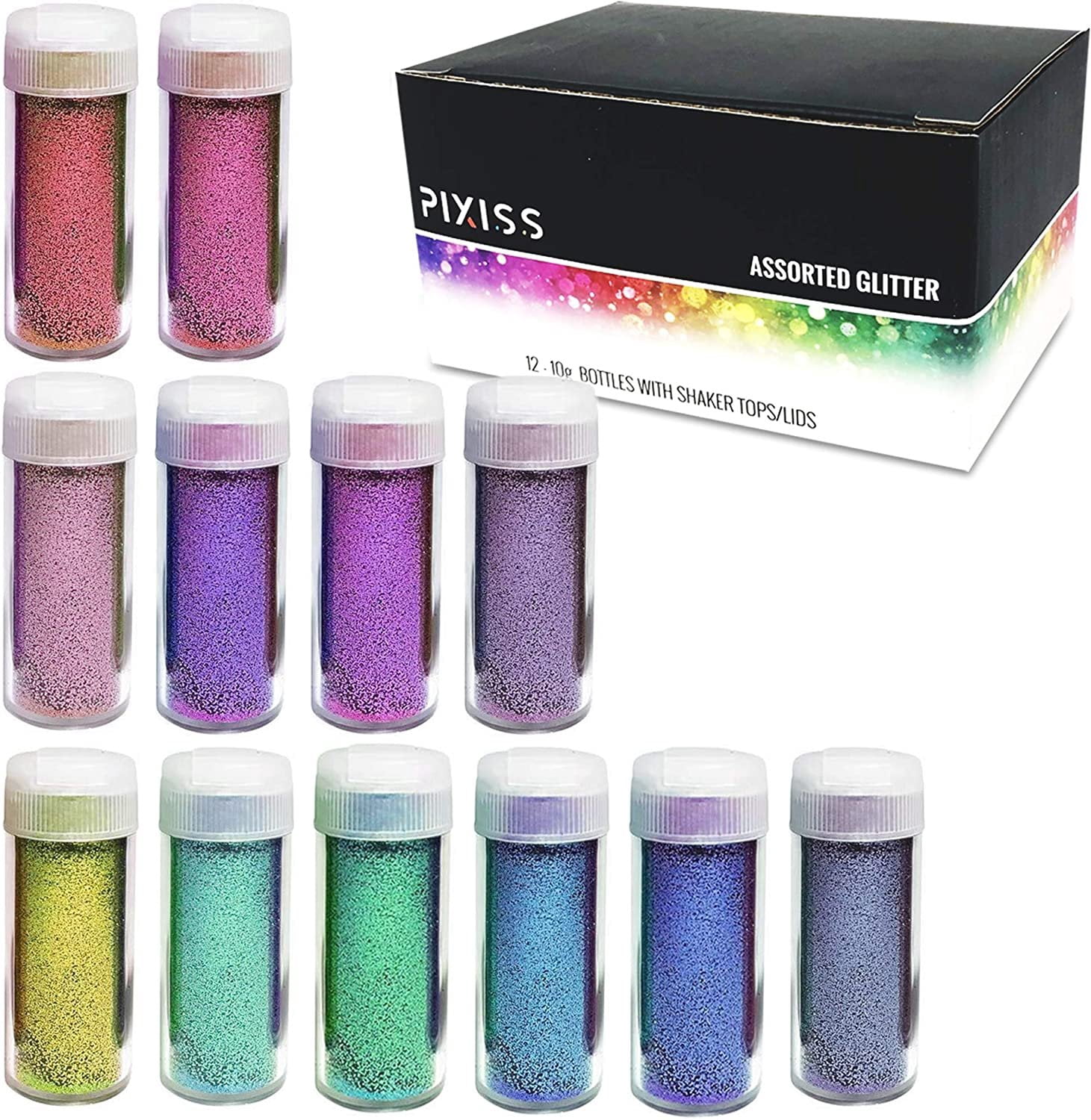 Pixiss Art Craft Glitter - 12 Colors, 0.25oz Each, Shaker Tops for Easy ...