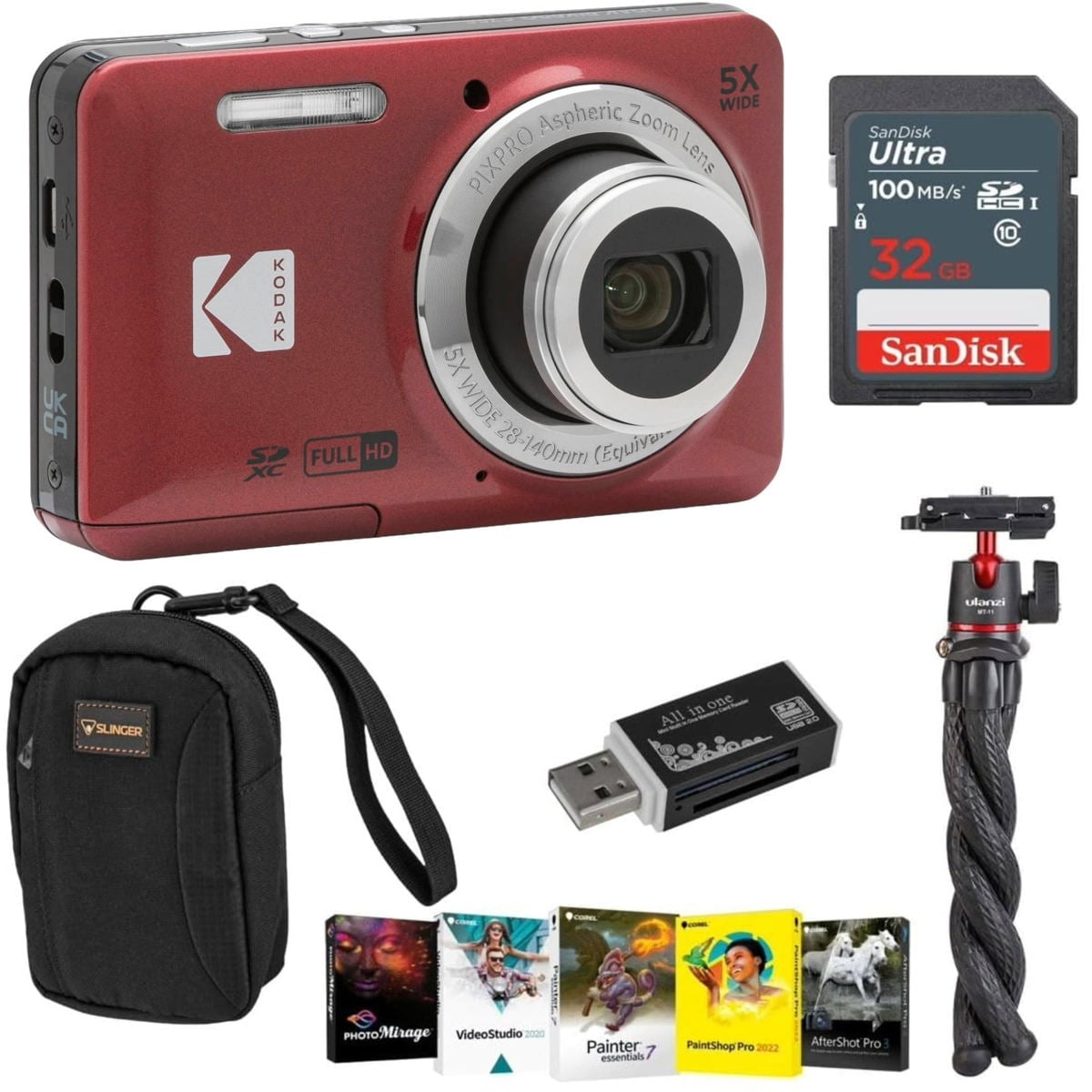 Kodak PIXPRO FZ55 Friendly Zoom Digital Camera, Red, With SD Card, Camera Bag, Tripod, Photo ...