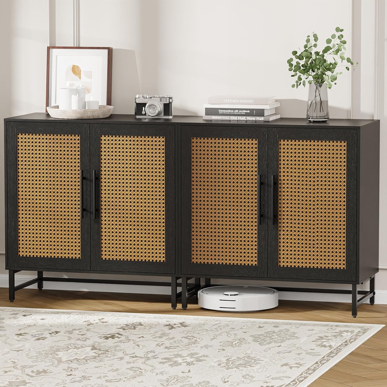 PIYING Buffet Cabinet with PE Rattan Doors, Rattan Storage Cabinet ...