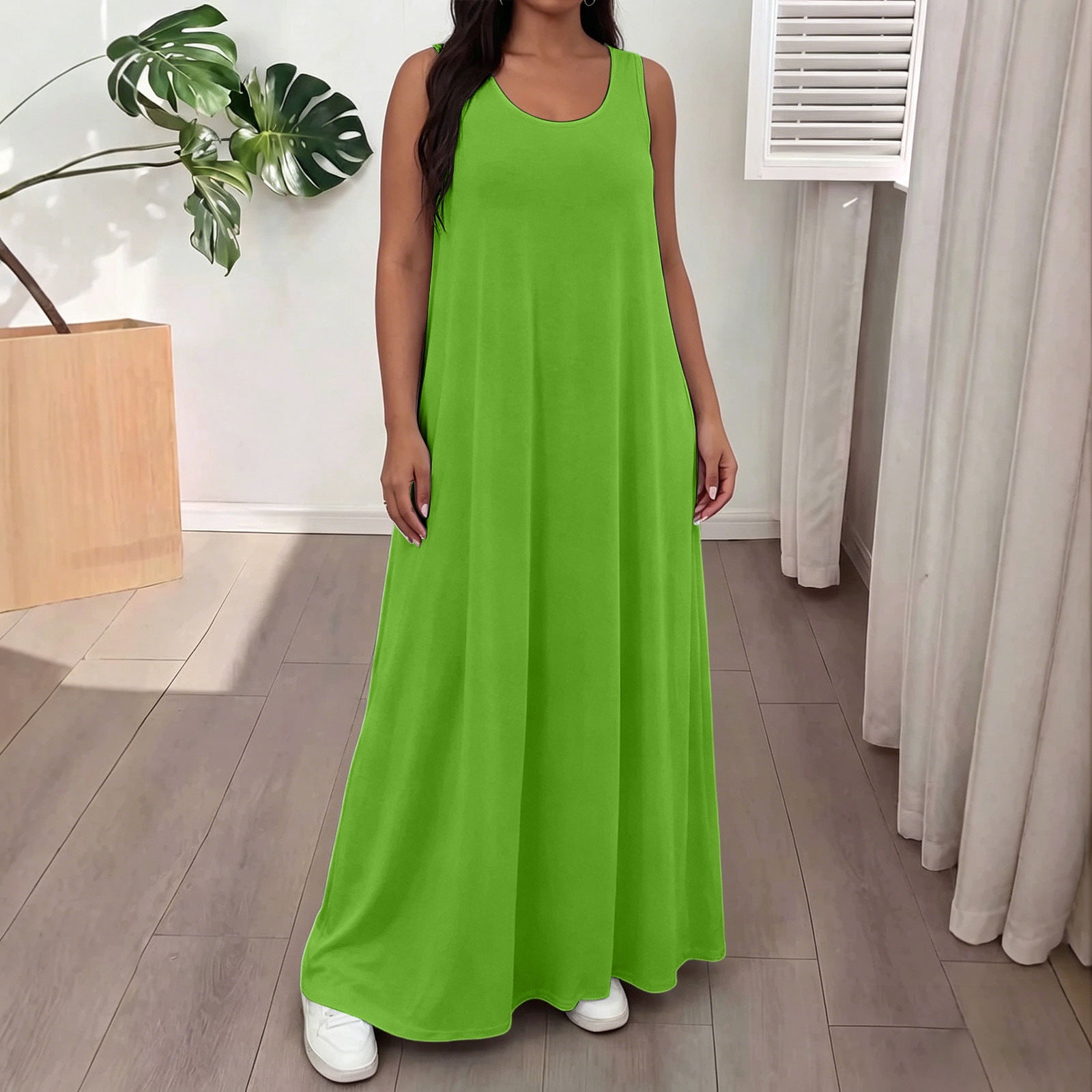 PInxai Long Dresses for Women Round Neck Sleeveless Tank Dresses Loose ...