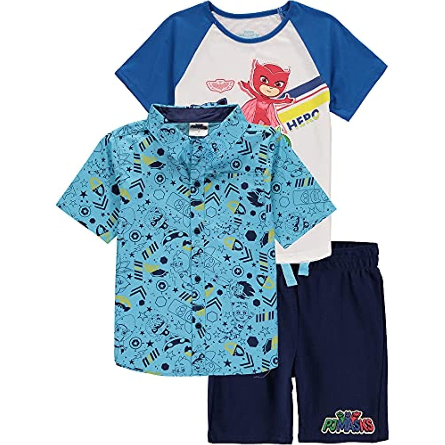 PJ Masks 3 Piece Shirt Tshirt and Shorts Woven Set (Blue/Navy/Aqua, 3T ...