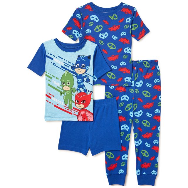 PJ Masks Toddler Boys Snug Fit Cotton Short Sleeve T-Shirt & Pants, 4-Piece Pajama Set, Sizes 2T ...