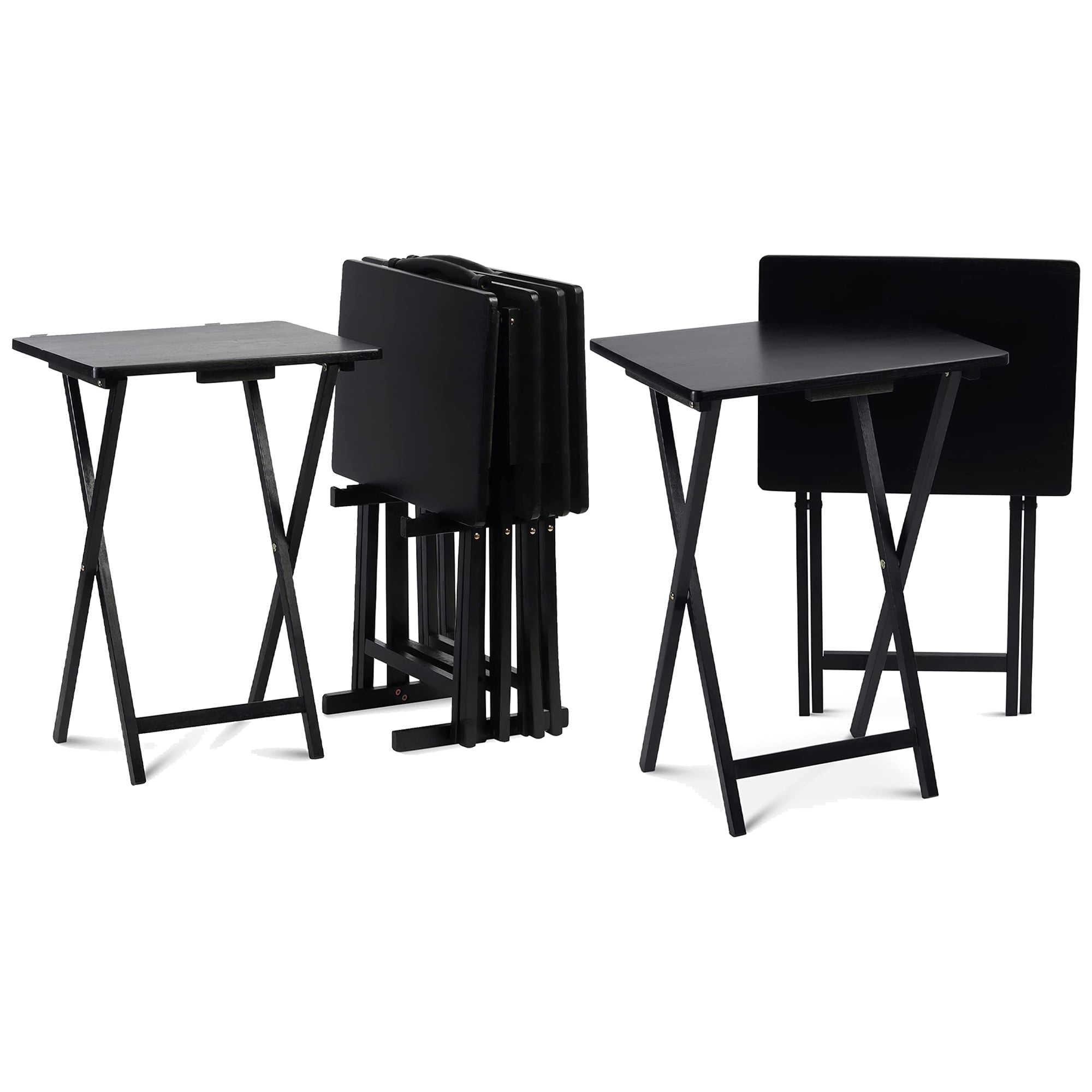 PJ Wood Folding TV Snack Tray Table with Compact Storage Rack, (Set of ...
