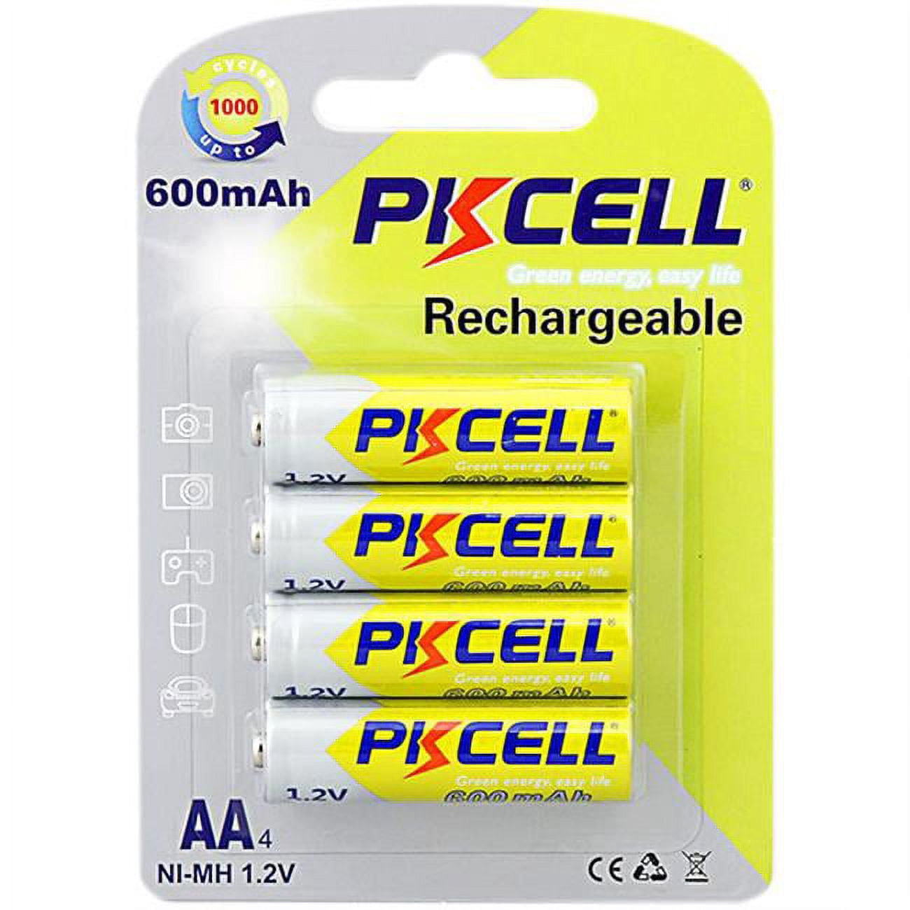 PK Cell NIMHAA600-4B 1.2V Rechargeable AA Battery with 600 mAh, Pack of ...
