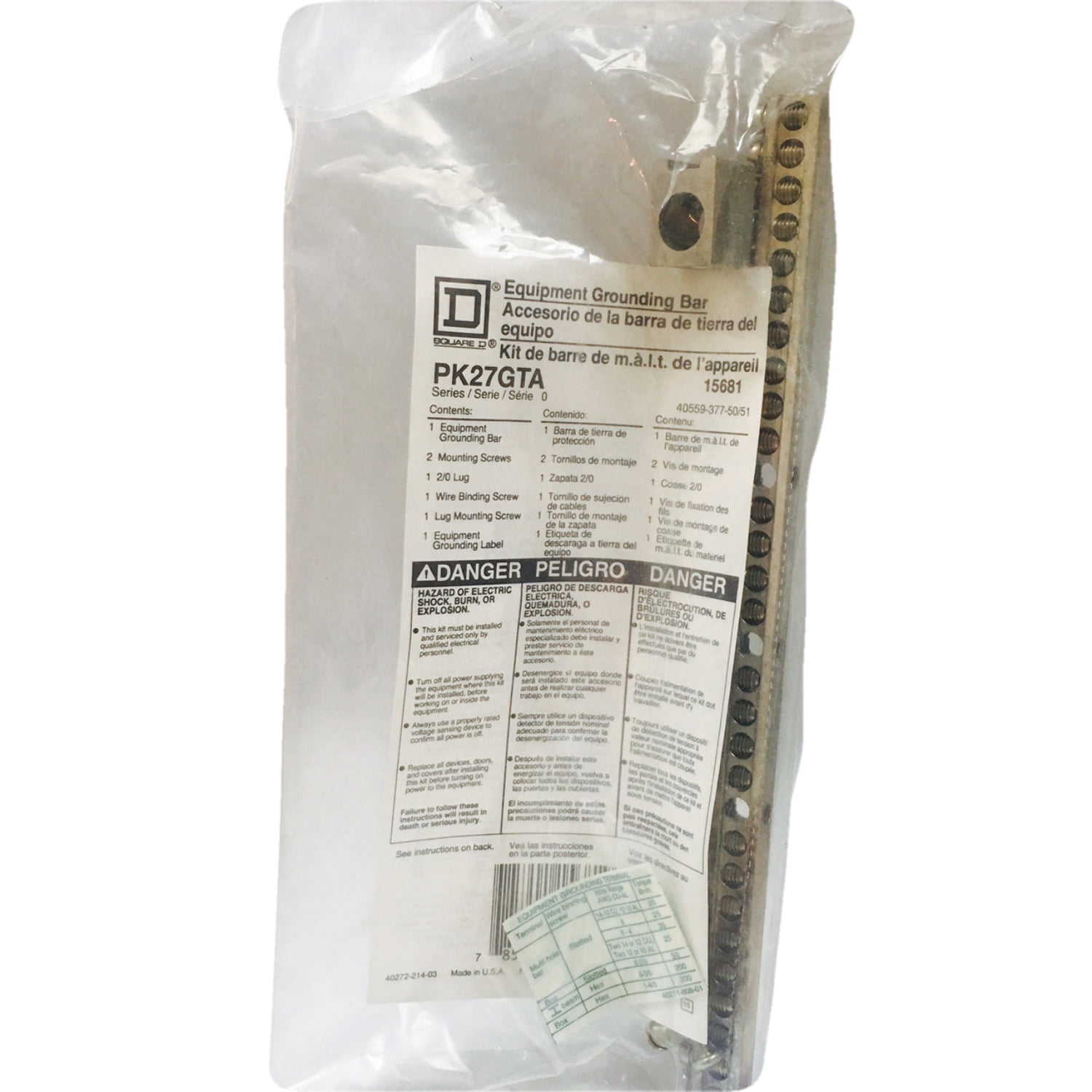 PK27GTA Ground Bar Kit; QO; 27 Terminals; Top Mount; 9.36-in. Length; w ...