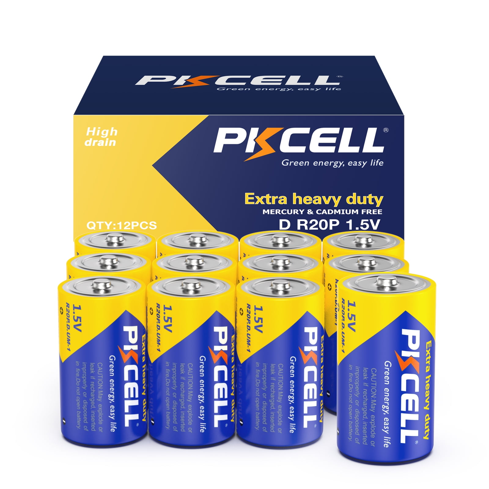 PKCELL D Size 1.5V Zinc Carbon Batteries, 12 Pack, Long-Lasting R20P ...