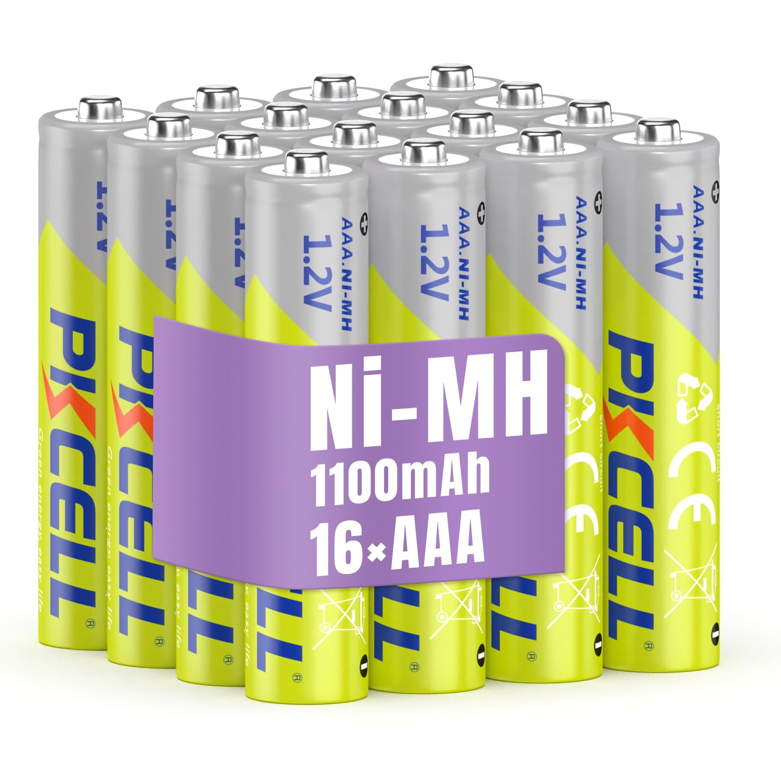 PKCELL 16 Pack Ni-MH AAA 1100mAh 1.2V Rechargeable Battery for Solar ...