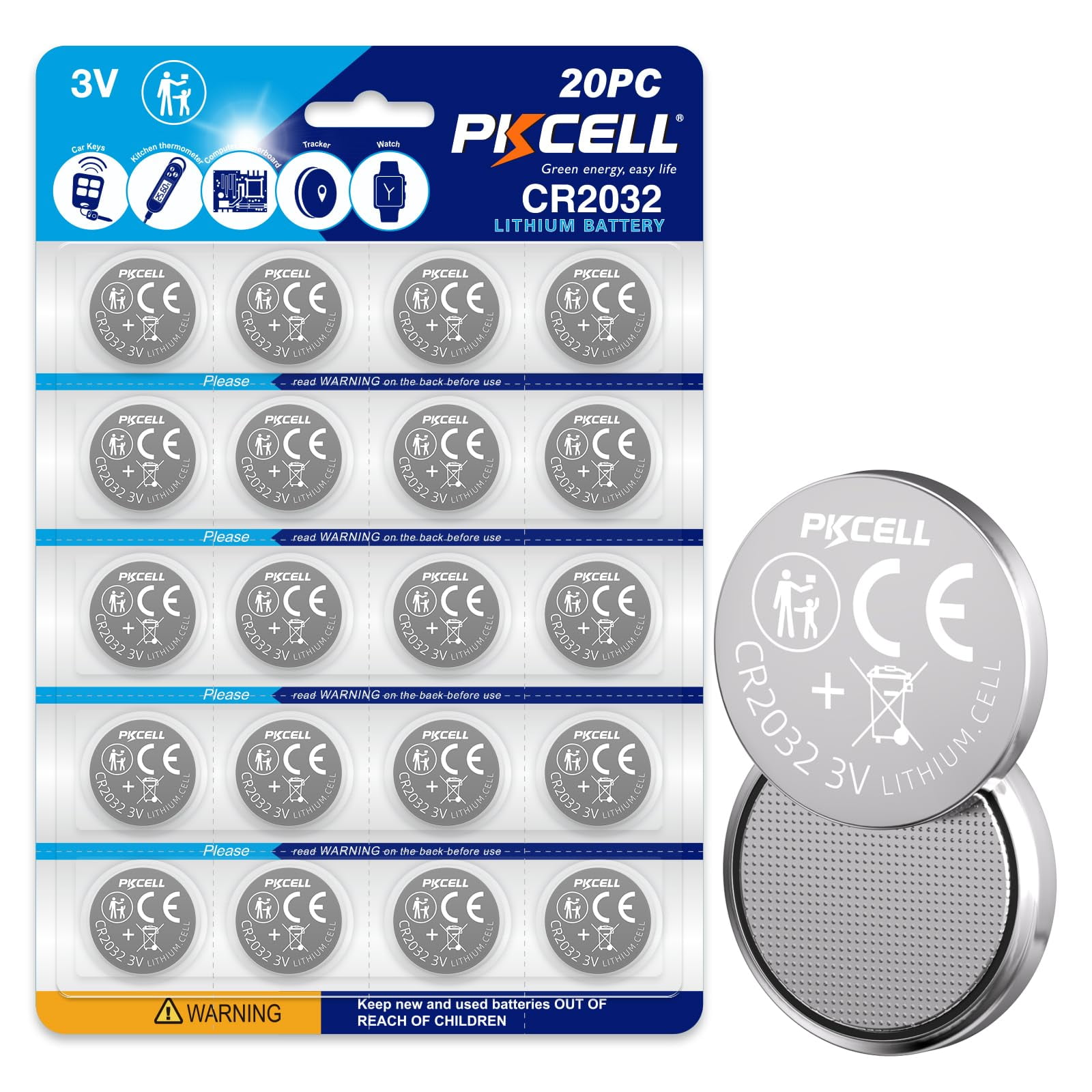 PKCELL 20-Pack CR2032 Batteries 2032 Lithium Battery CR 2032 3 Volt Coin Battery, Long Lasting ...