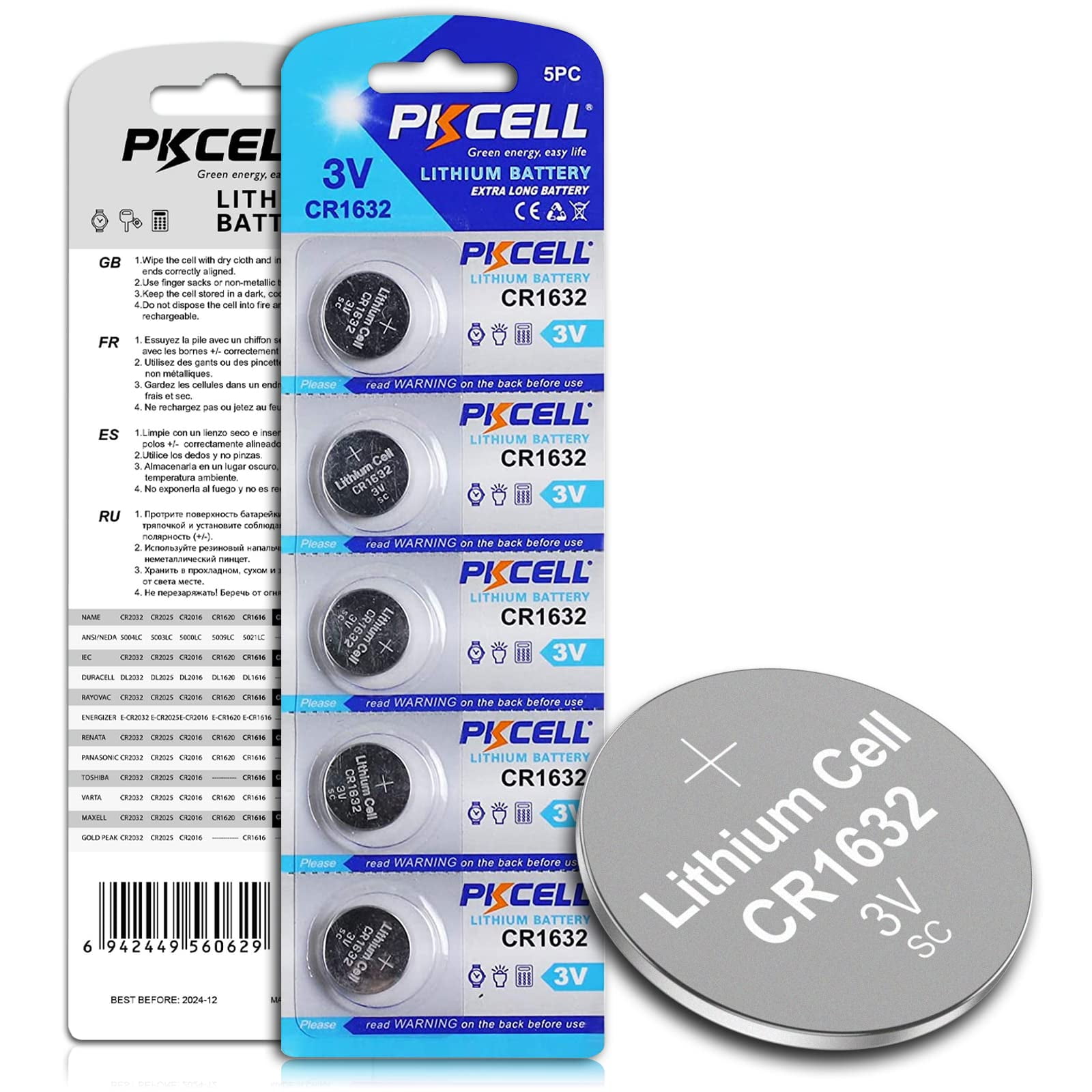 PKCELL 5 Pack CR1632 Battery, 3V Lithium Batteries for Car Key Fob Watch CR Lithium 3 Volt Cell ...